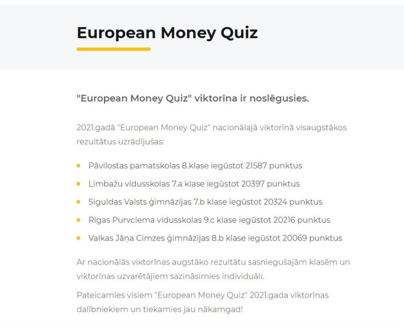 “European Money Quiz” viktorīnā 7. b klase iegūst 3. vietu – SVĢ